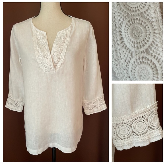 Sigrid Olsen | Tops | Sigrid Olsen 0 Linen White 34 Sleeve Crochet Trim ...